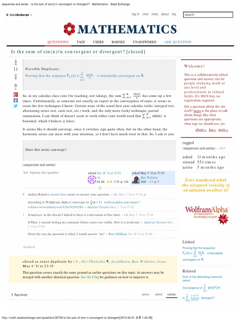 Sequences and Series - Is The Sum of Sin (N) - N Convergent or ...
