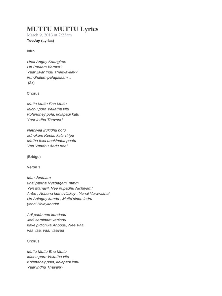 Muttu Muttu Lyrics | PDF