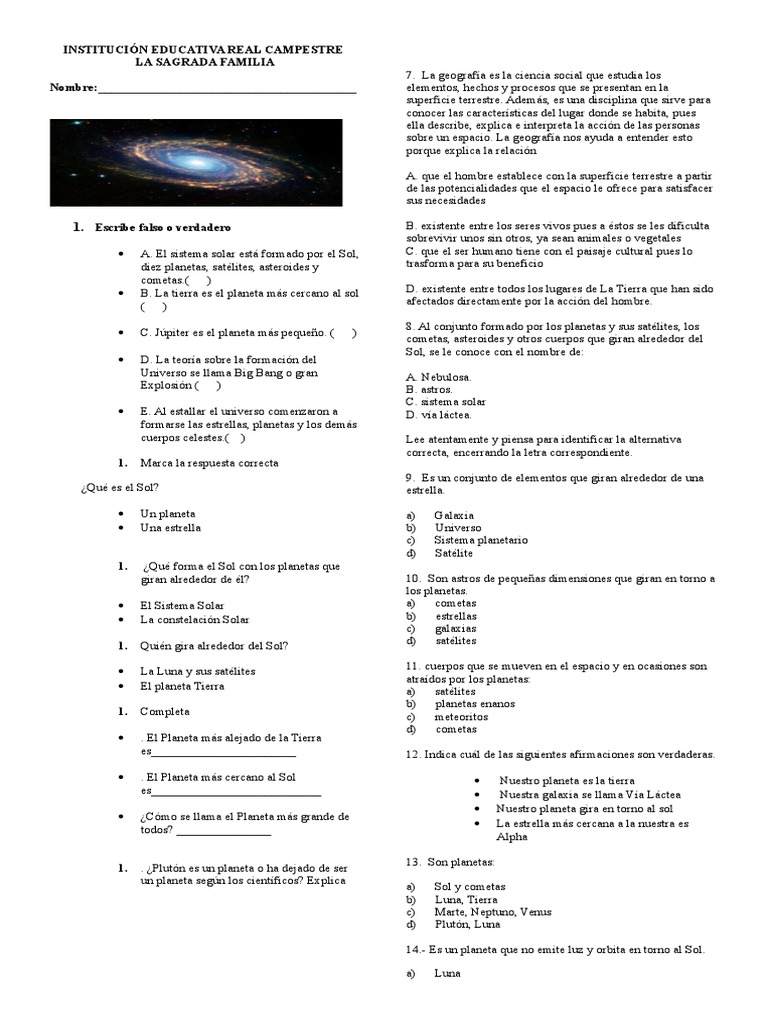 Evaluacion Sistema Solar Sexto Primer Periodo | Sistema solar | Planetas
