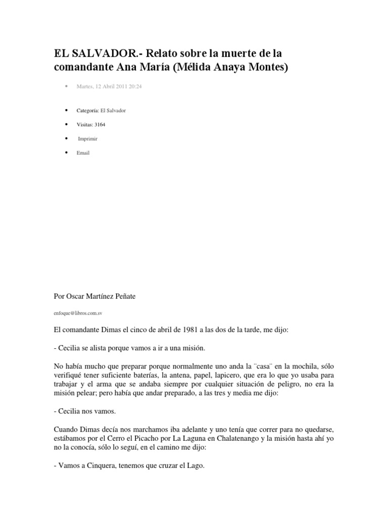 EL SALVADOR. - Relato Sobre La Muerte de La Comandante Ana María ...