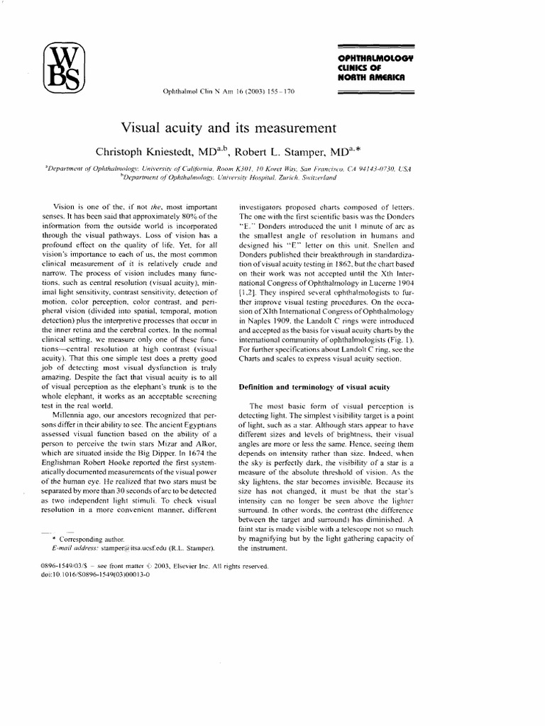 Visual Acuity and Its Measurement: Defining Visual Resolution and the Development of ...