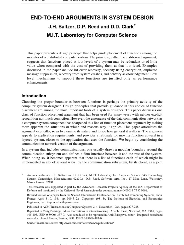End-to-End Arguments in System Design | PDF