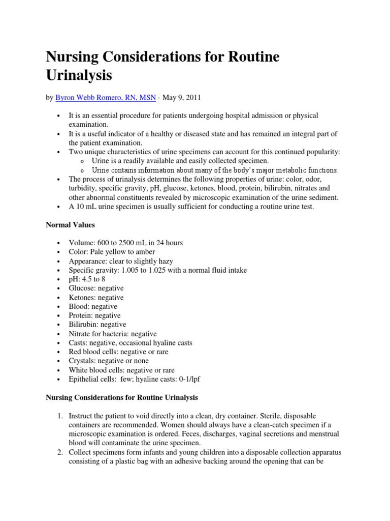 Nursing Considerations For Routine Urinalysis | PDF | Urine | Blood