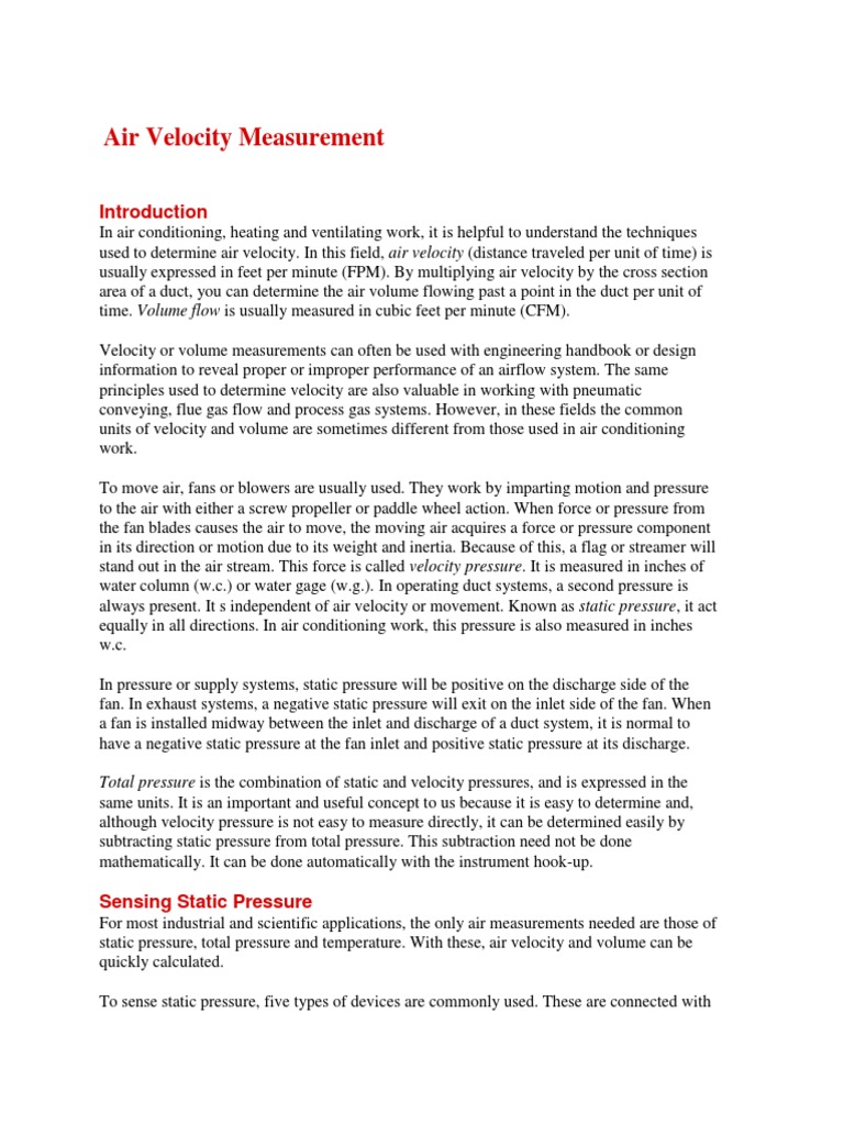 Air Velocity Measurement | PDF | Pressure Measurement | Flow Measurement