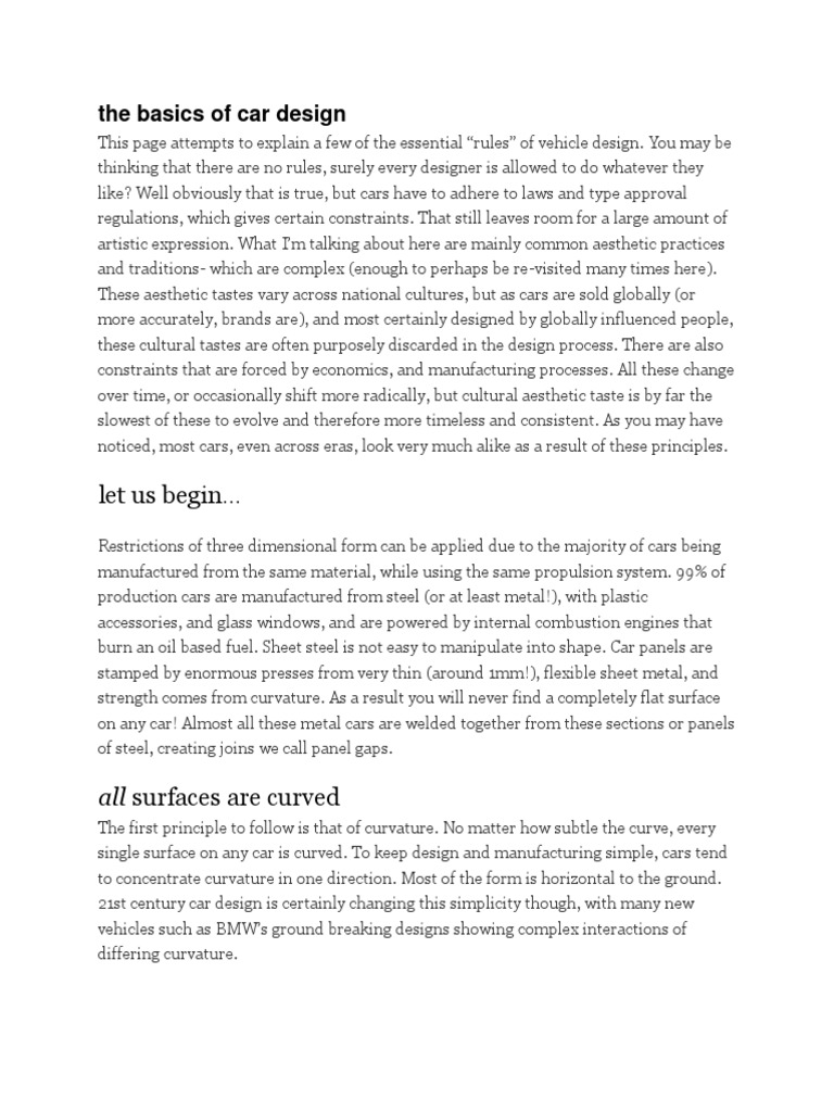 Let Us Begin : The Basics of Car Design | PDF | Car | Vehicles