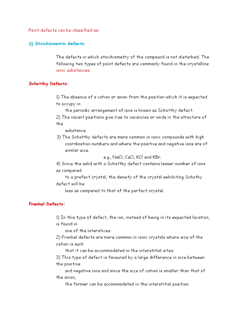 (I) Stoichiometric Defects: Point Defects Can Be Classified As | PDF