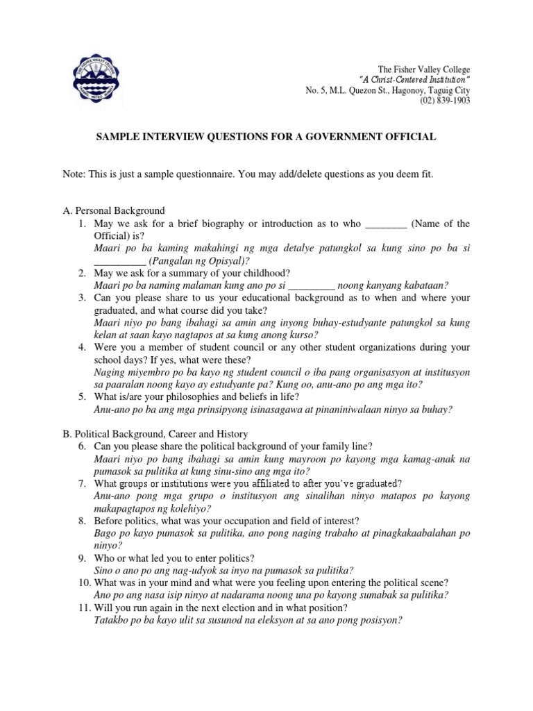 Sample Interview Questionnaire for Politicians | PDF