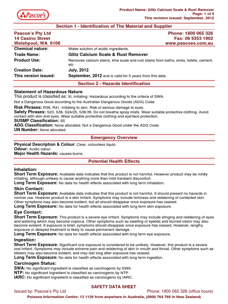 Glitz Calcium Scale and Rust Remover Msds | Personal Protective ...