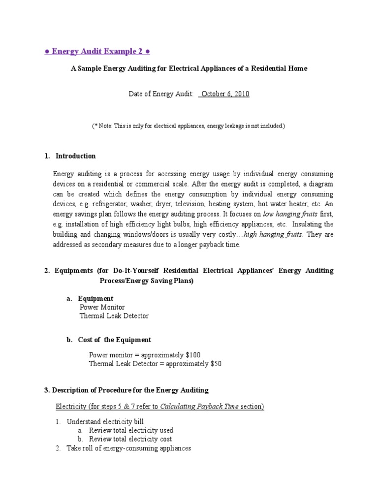 Sample Energy Auditing For Electrical Appliances of A Residential Home ...