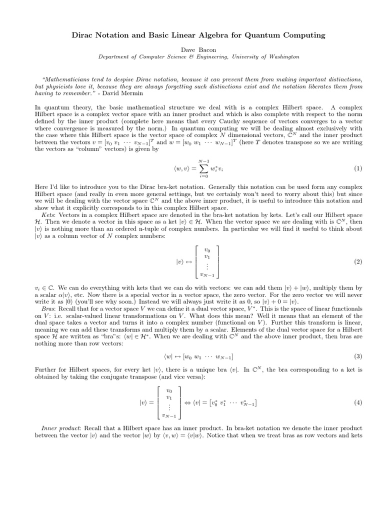 Dirac Notation and Basic Linear Algebra For Quantum Computing | PDF ...