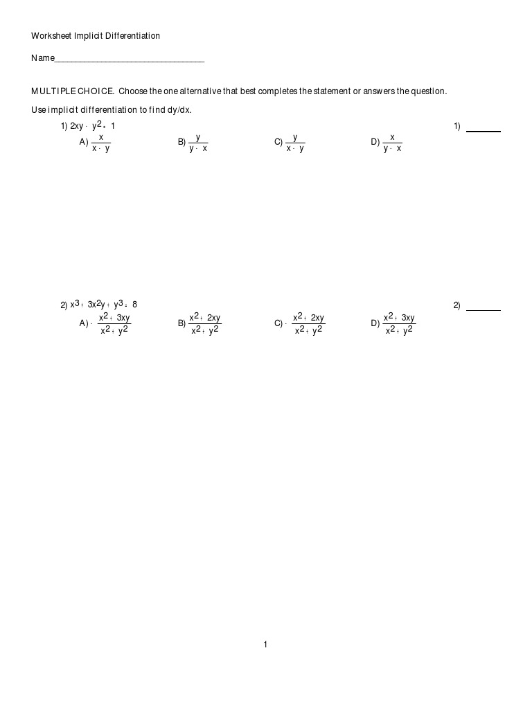 Implicit Differentiation Worksheet | PDF | Slope | Differential Topology
