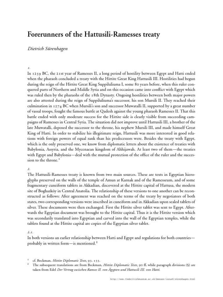 Forerunners of The Hattusili-Ramesses Treaty - Dietrich Sürenhagen ...