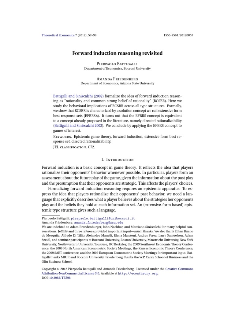 Forward Induction Reasoning Revisited: Theoretical Economics | PDF ...