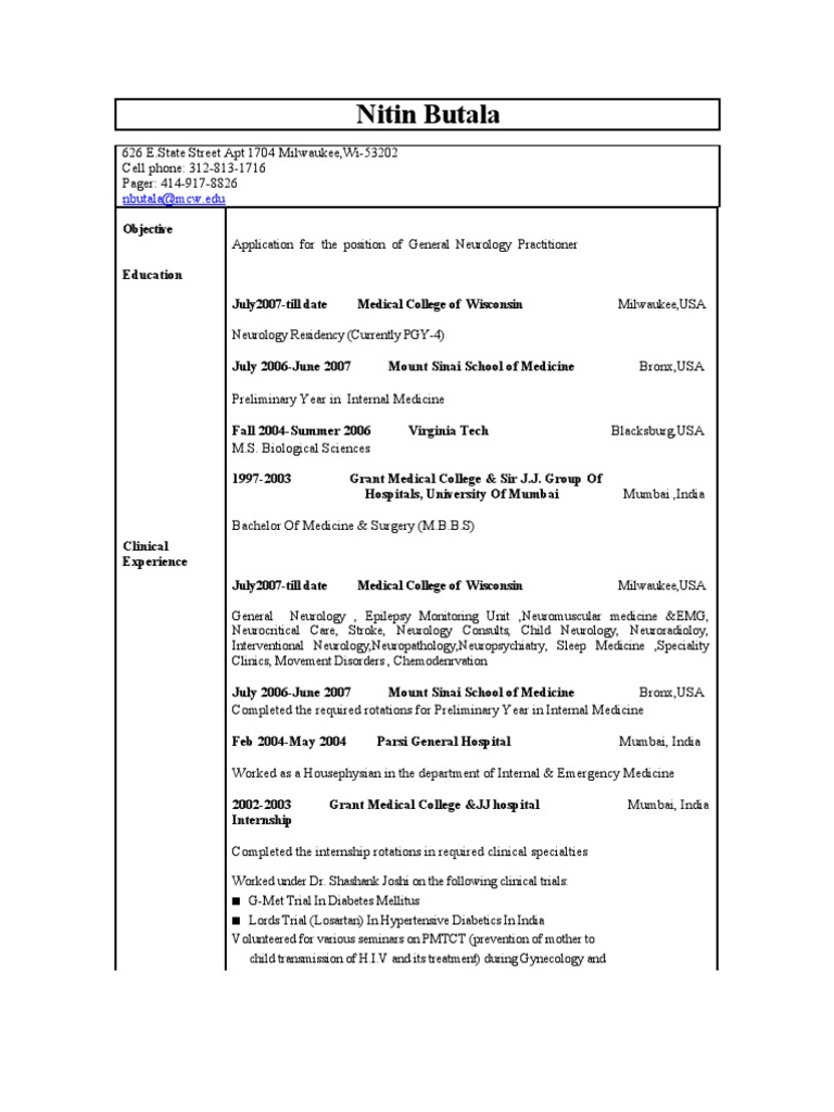 Nitin Butala Resume2009 | PDF | Neurology | Medical School