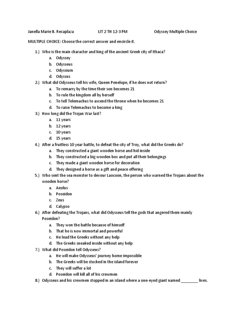 Odyssey Multiple Choice | Download Free PDF | Odysseus | Odyssey