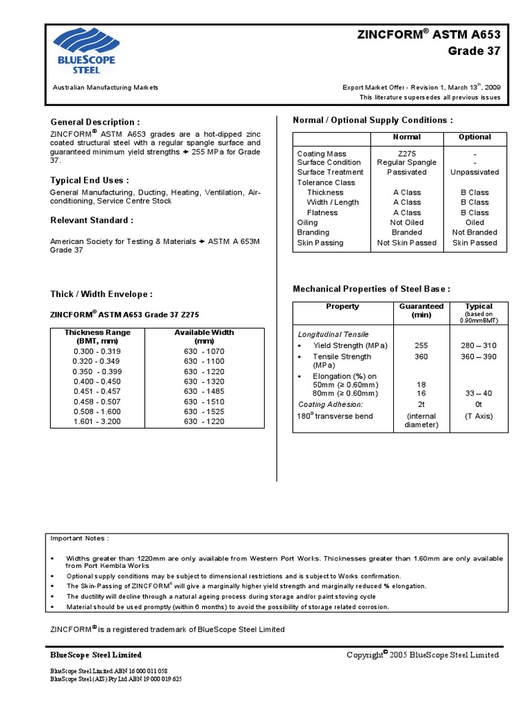 ASTM A653 37 Rev 01 | PDF | Steel | Strength Of Materials
