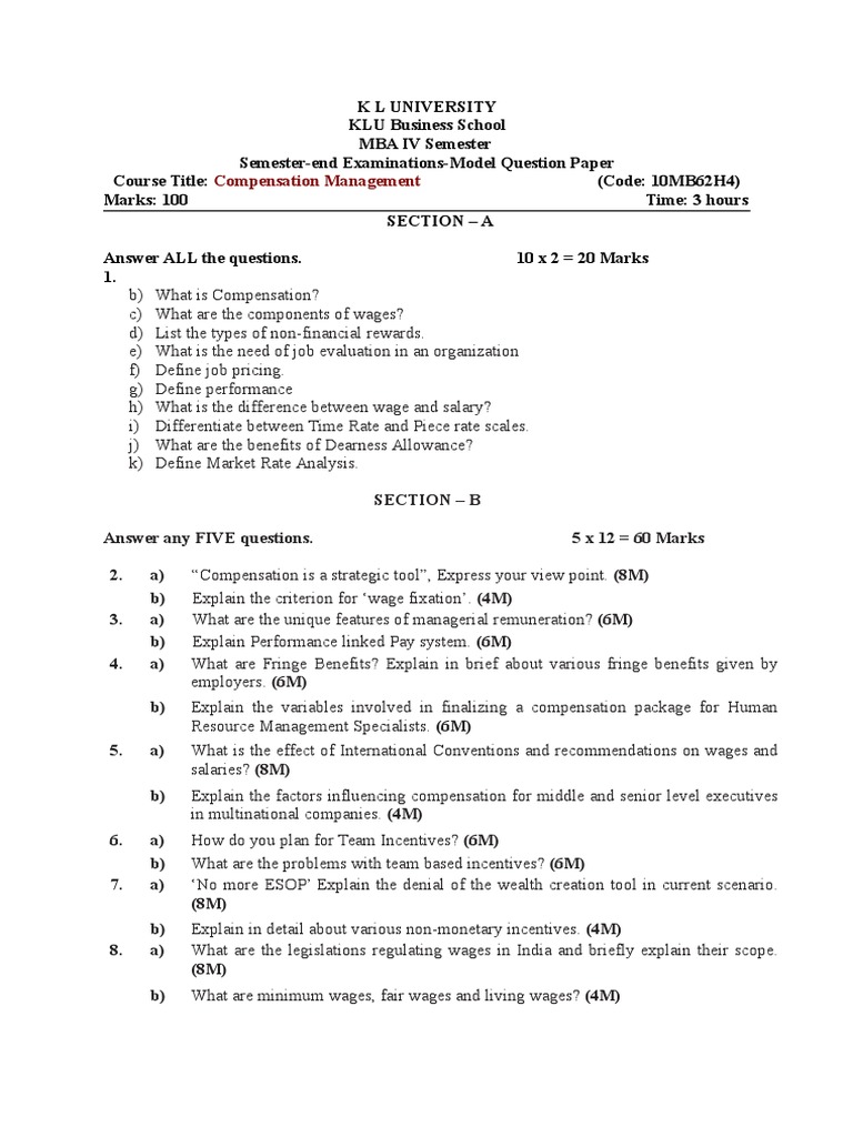 Compensation Management Exam Paper | PDF | Wage | Employment
