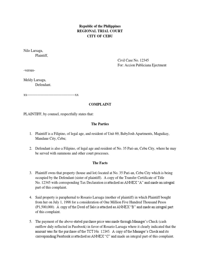 Pleading Publiciana | PDF | Lawsuit | Complaint