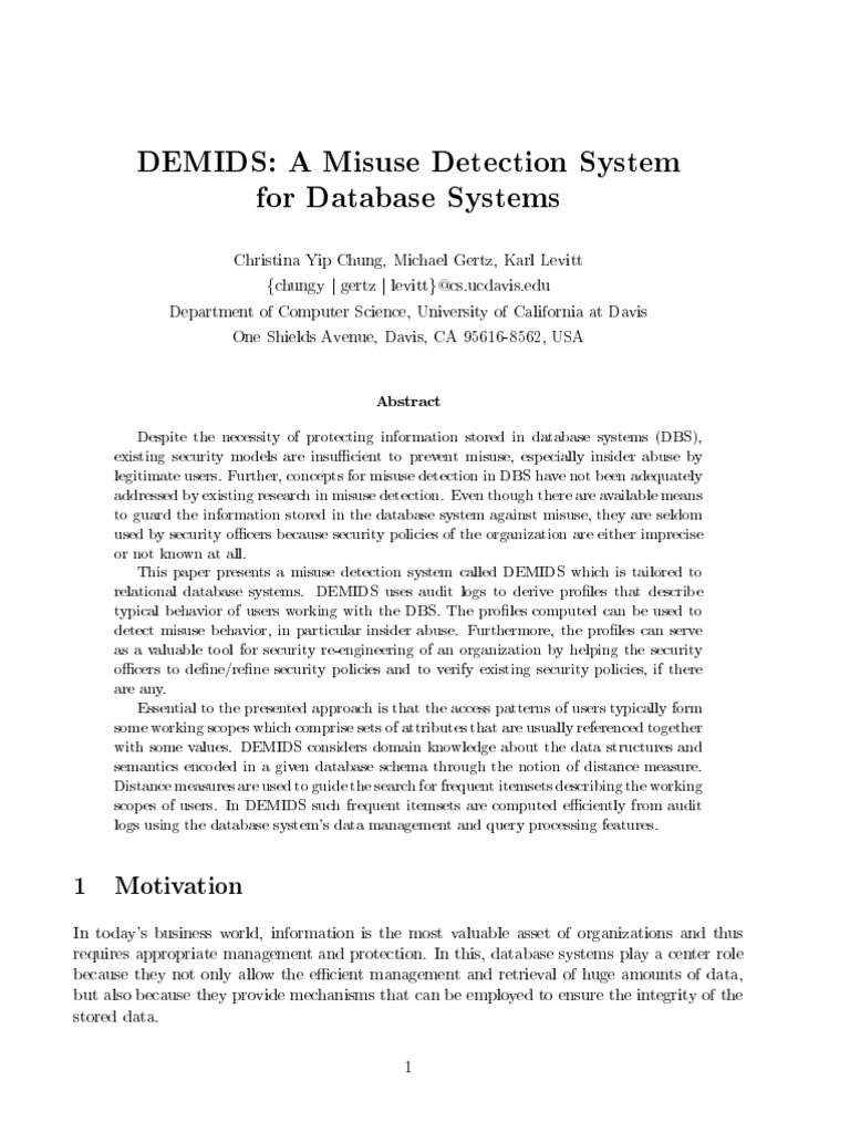 DEMIDS: A Misuse Detection System For Database Systems: 1 Motivation | PDF | Databases | Cluster ...