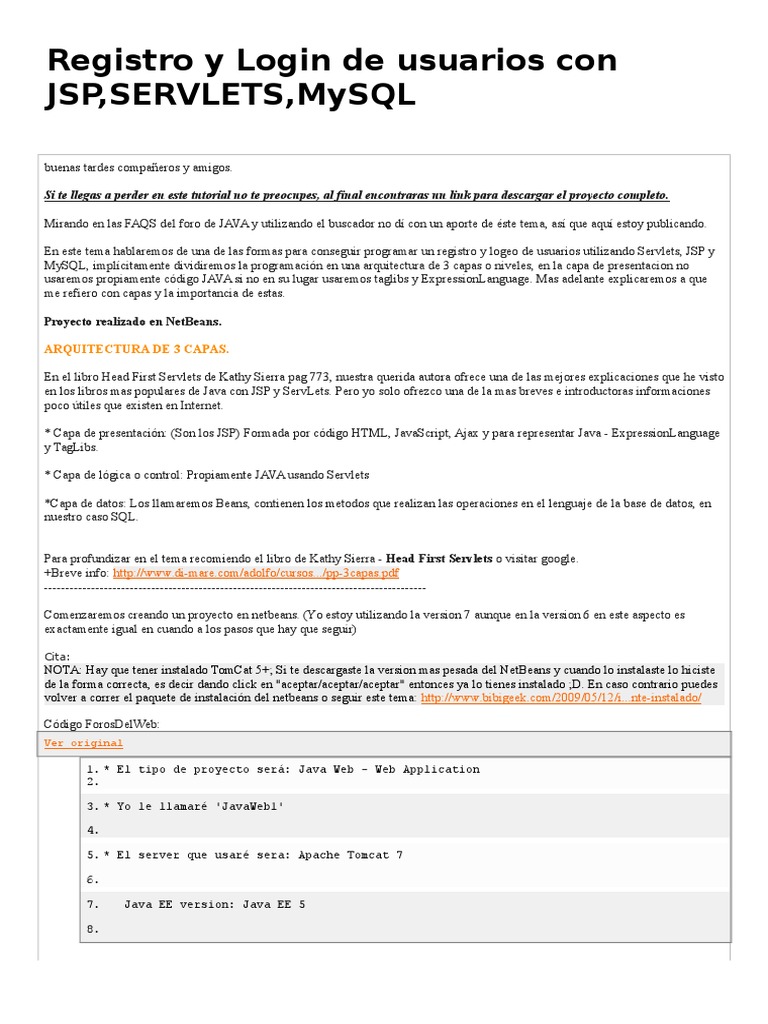 Registro y Login de Usuarios Con JSP | PDF | Páginas del servidor Java ...