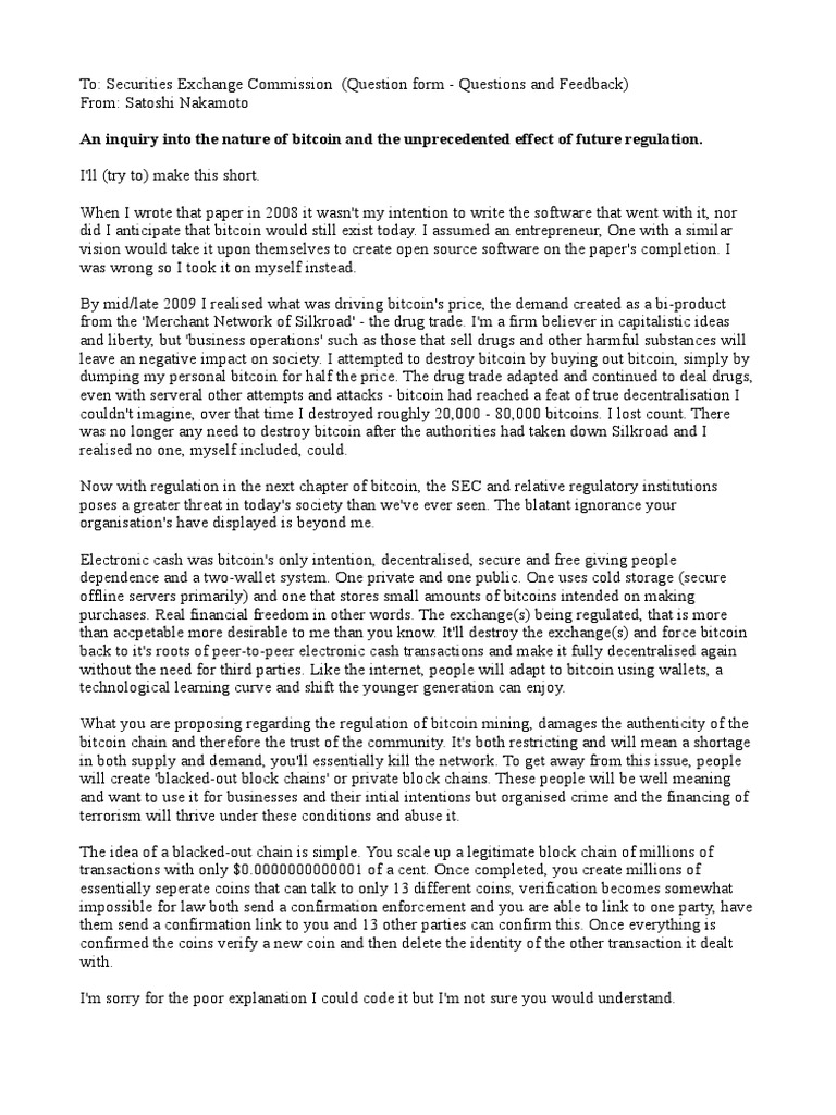 Bitcoin-Letter Satoshi-Nakamoto-Sec August 13 2014 | PDF | Bitcoin | E ...