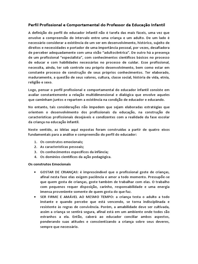 Perfil do Professor de Educação Infantil | PDF | Pedagogia | Conhecimento