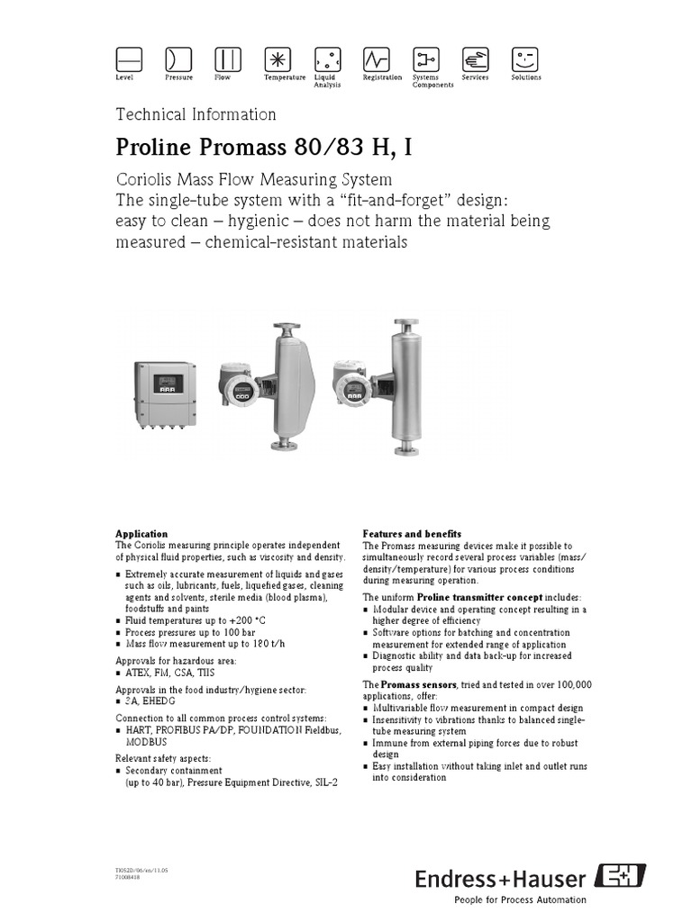 Coriolis Mass Flow Proline Promass 80 83 H I Endress Hauser | PDF ...