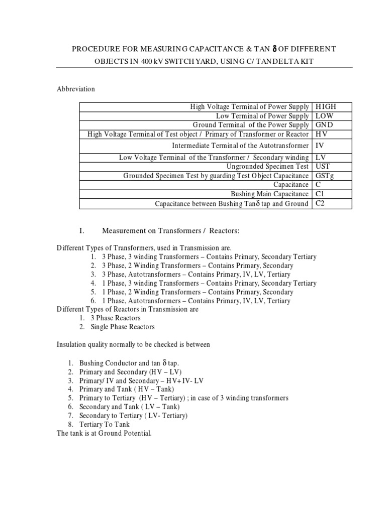 Tan Delta Test Procedure | Download Free PDF | Transformer ...