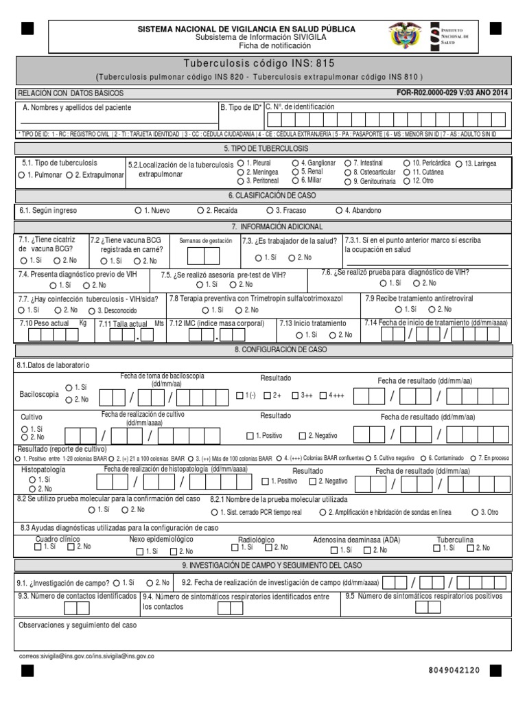 Ficha de Notificacion Tuberculosis f815 | Tuberculosis | Inmunología