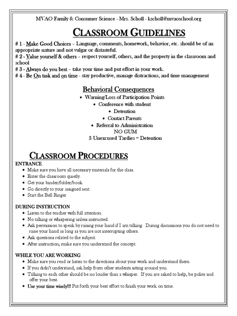 Classroom Guidelines for Mrs. Scholl's FCS | PDF | Homework | Schools