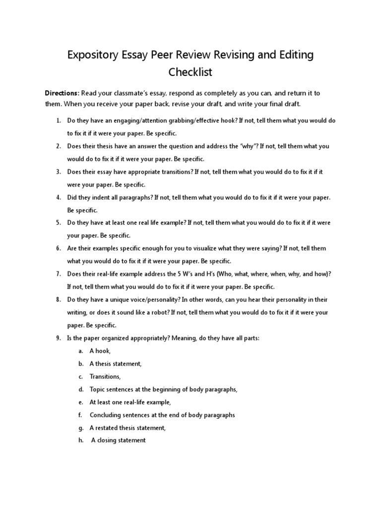 Expository Essay Peer Review Revising and Editing Check List | PDF ...
