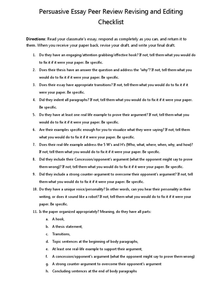 Persuasive Essay Peer Review Checklist | PDF | Essays | Human Communication