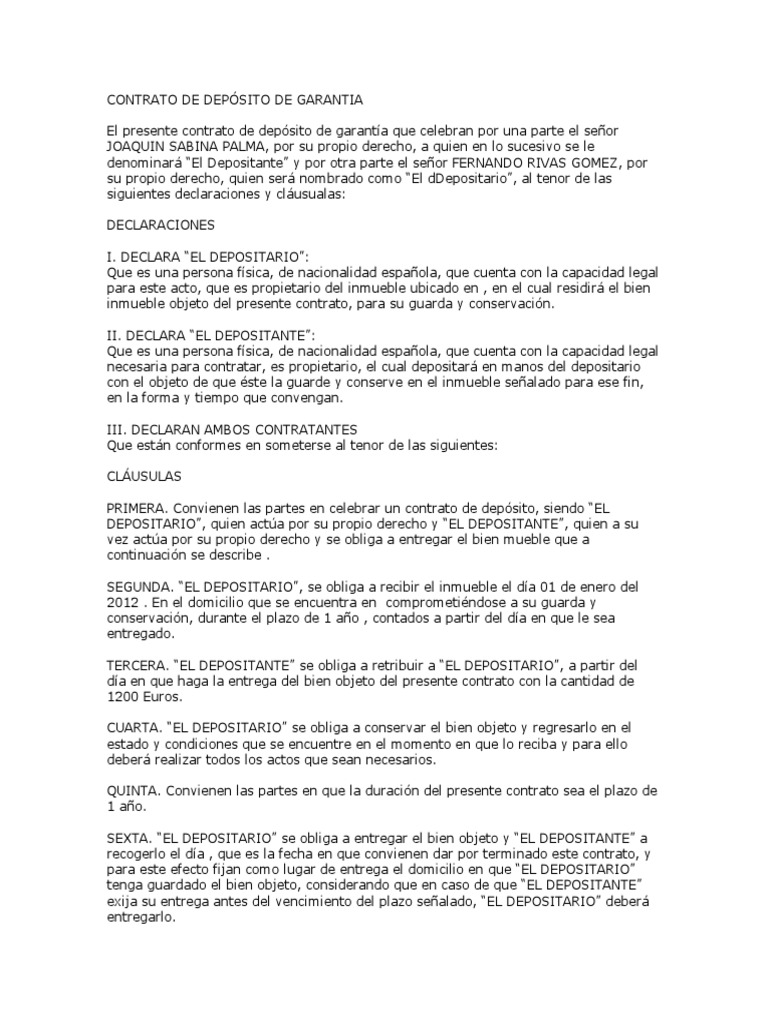 Contrato De Depósito De Garantia Pdf Ley De Fideicomiso Derecho