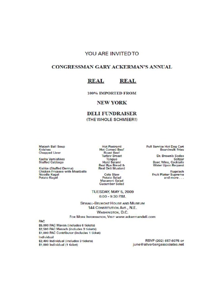 Annual 100% Imported From New York Deli Fundraiser For Gary Ackerman | PDF