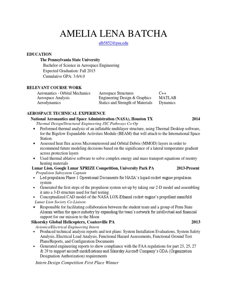 Amelia Lena Batcha: Alb5852@psu - Edu | PDF | Nasa | Atmospheric Entry