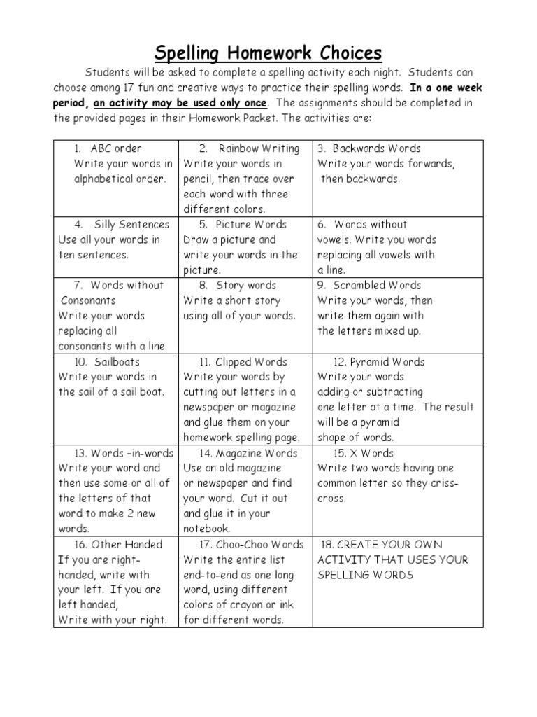 Spelling Homework Choices | PDF | Foreign Language Studies