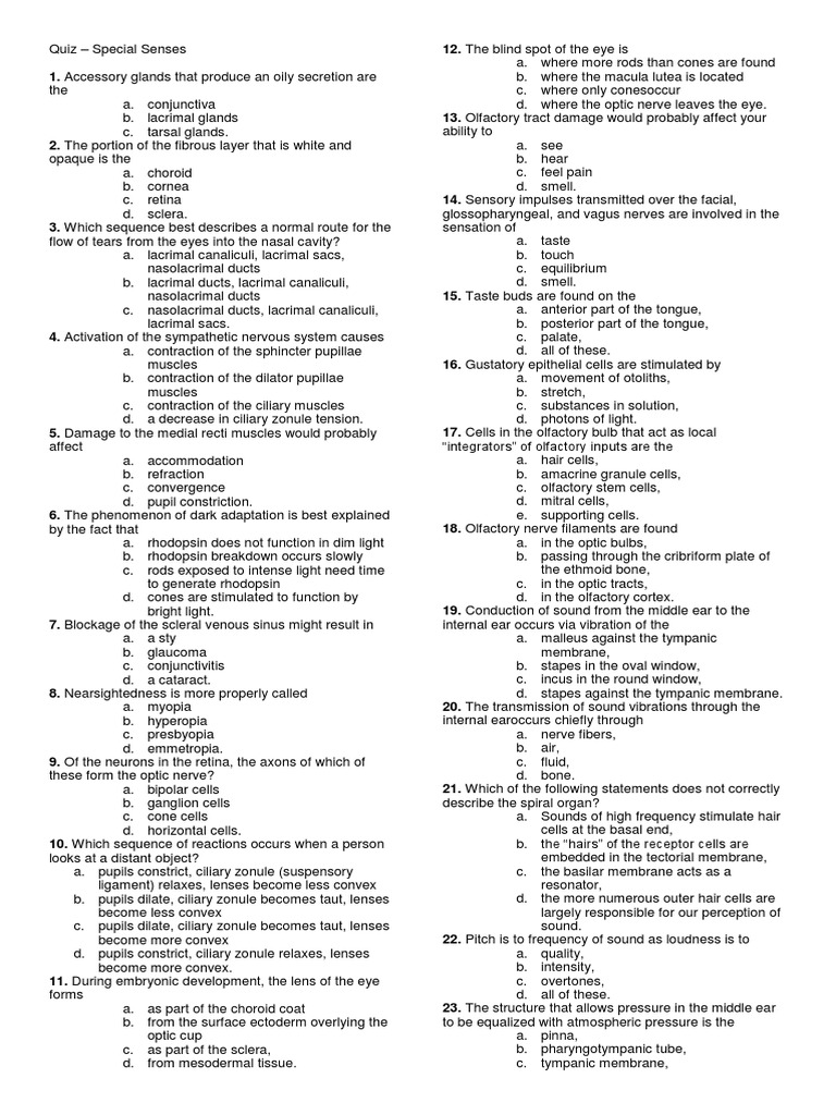 Quiz - Special Senses | PDF | Ear | Senses