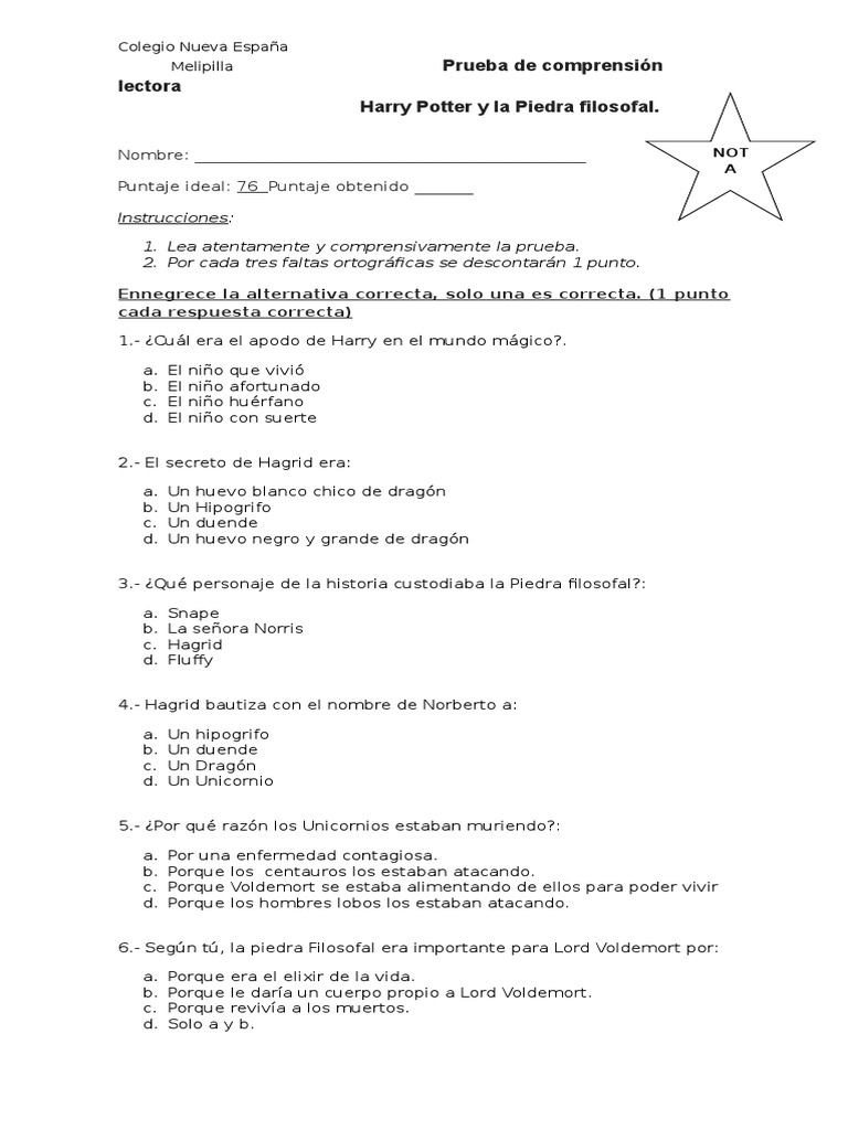 Comprensión lectora de Harry Potter y la Piedra Filosofal | PDF | Harry ...