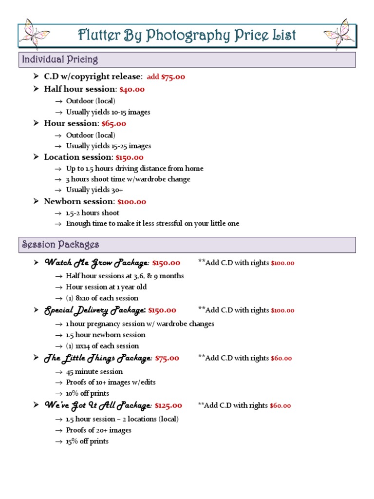 Photography Price List | PDF | Cooking, Food & Wine
