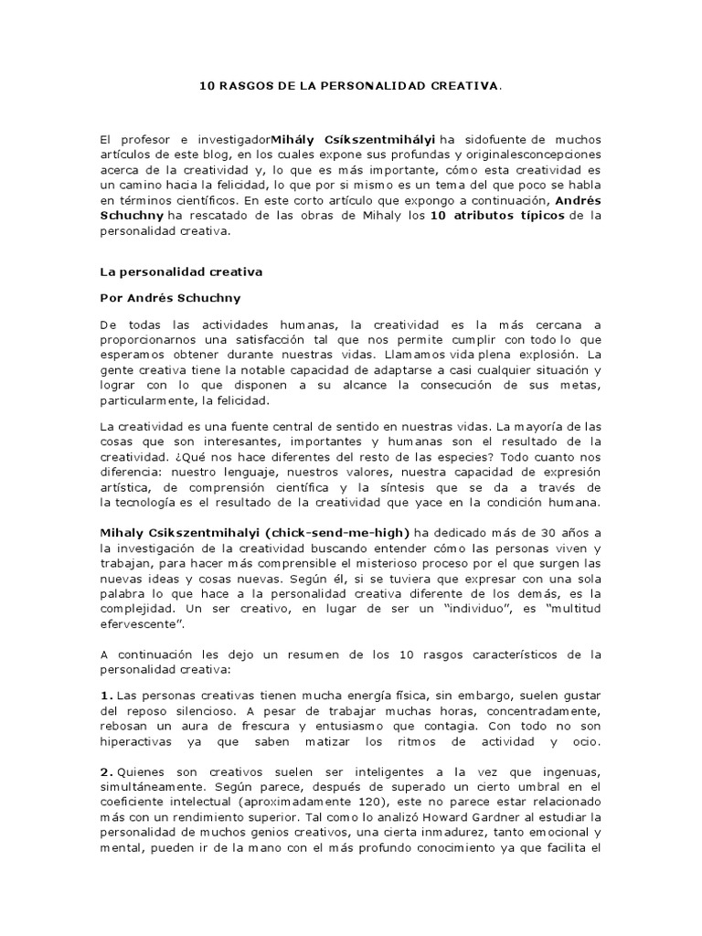10 Rasgos de La Personalidad Creativa | PDF | Creatividad | Felicidad