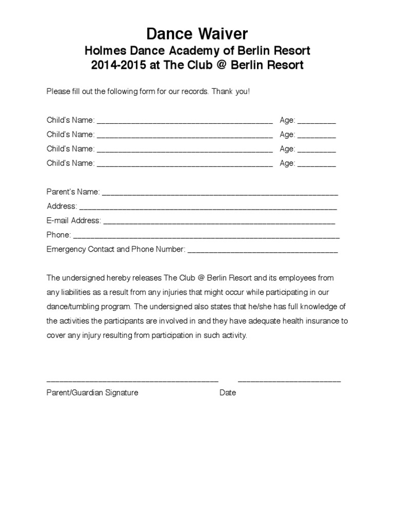 Berlin Resort Dance Waiver Form | PDF