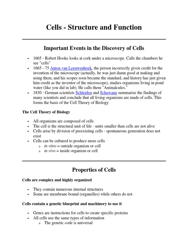 Cells - Structure and Function: Important Events in The Discovery of ...