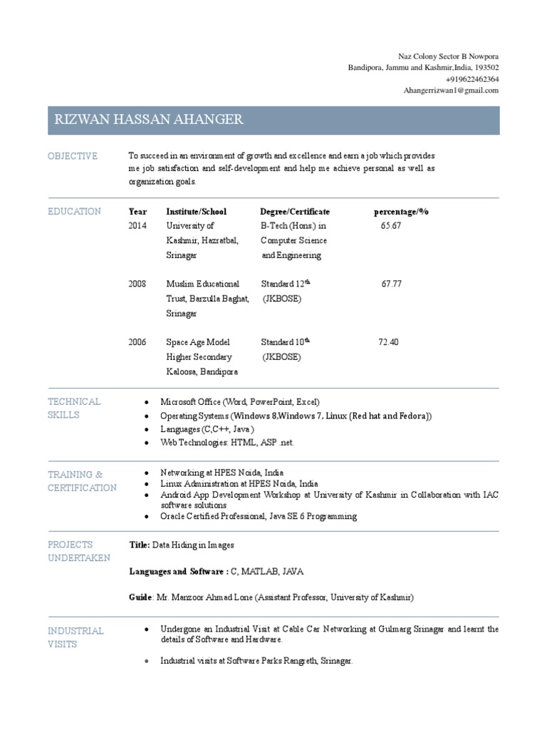 Rizwan Hassan Ahanger: Objective | PDF | Java (Programming Language) | Kashmir