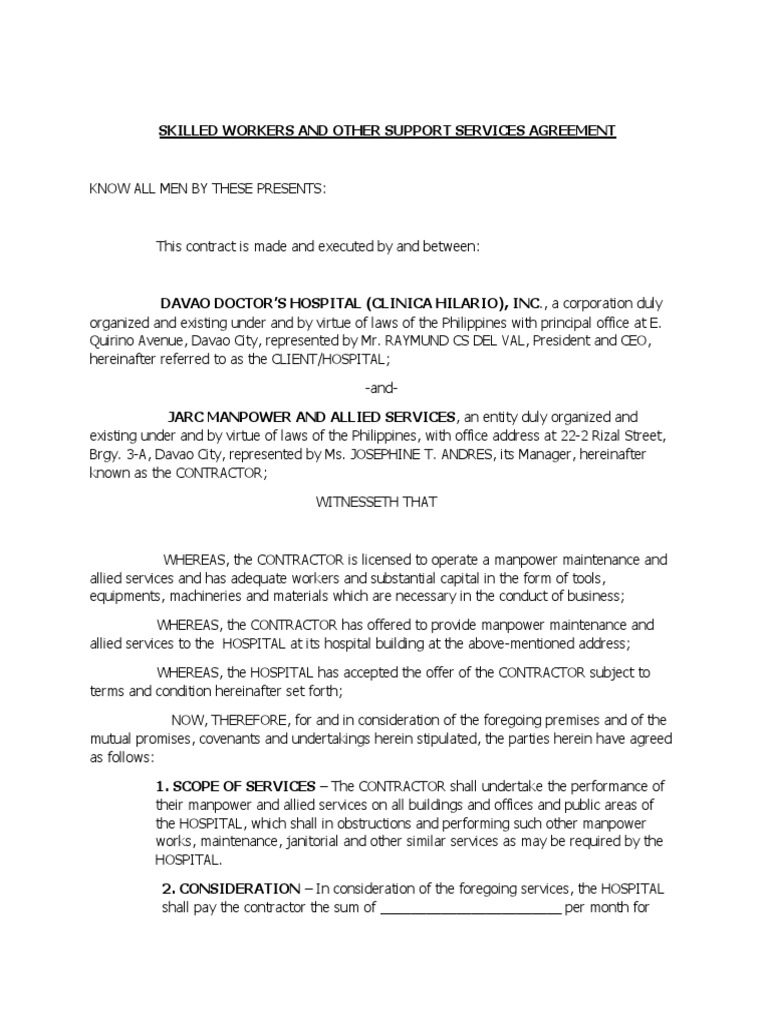 JARC Manpower Services Agreement with Davao Hospital | PDF | Employment ...