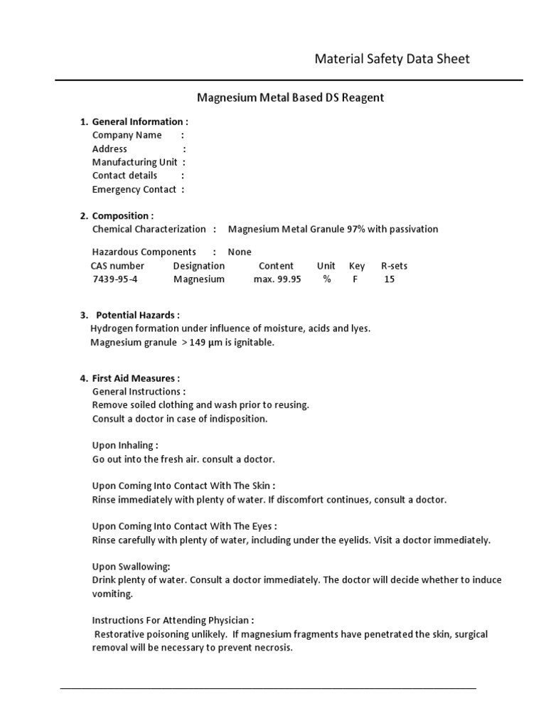 Material Safety Data Sheet For Magnesium Based Hot Metal ...