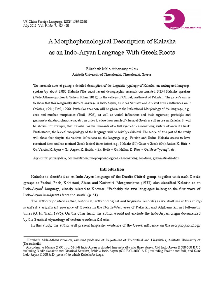 A Morphophonological Description of Kalasha As An Indo-Aryan Language ...
