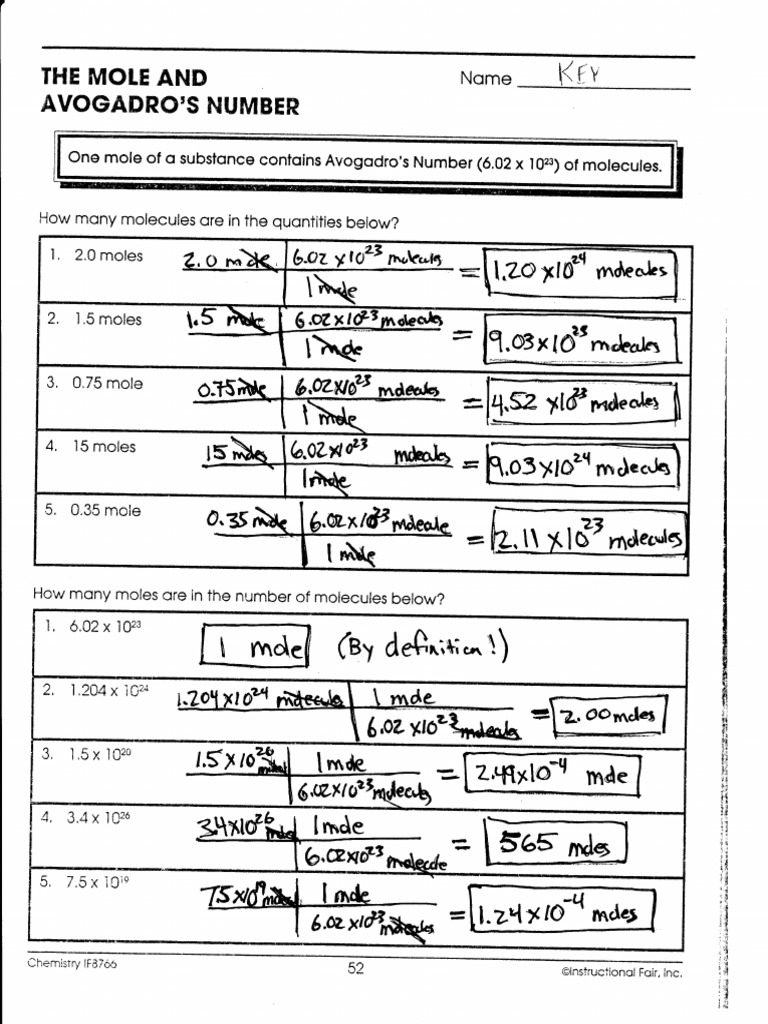 Mole and Avogadro's Number Key | PDF