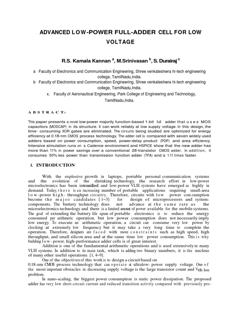 Low Power Full Adder | PDF | Cmos | Electronic Circuits