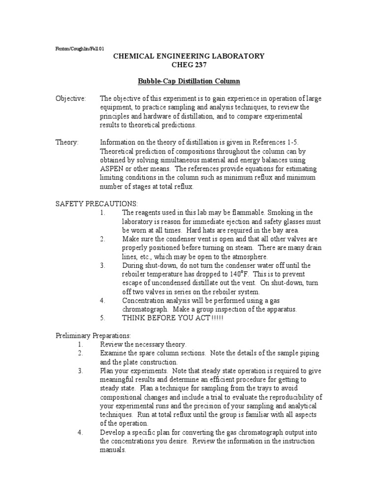 Chemical Engineering Laboratory CHEG 237 Bubble-Cap Distillation Column ...