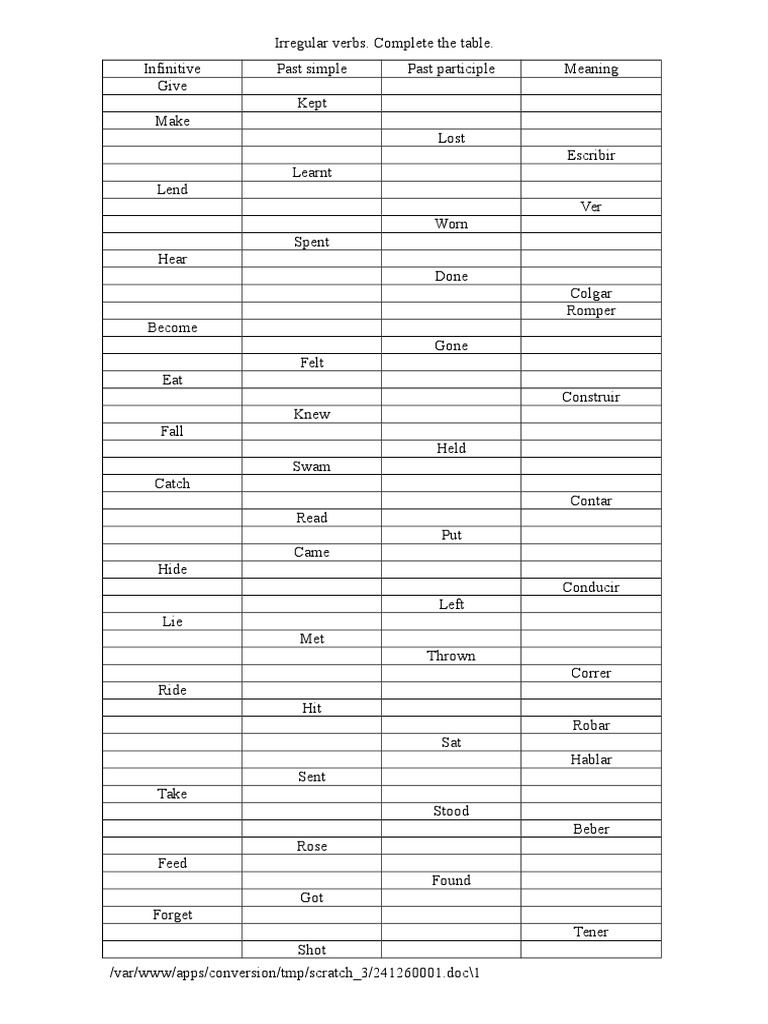 Verbs Table | PDF | Grammatical Tense | Linguistic Typology